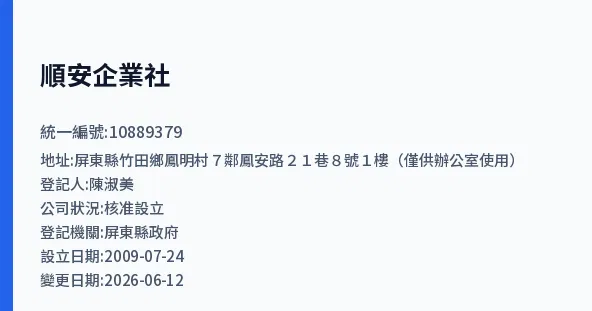順安企業社的照片-統編 10889379(屏東縣) 公司登記資料與營業項目詳細圖表