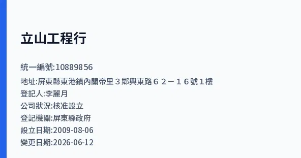 立山工程行的照片-統編 10889856(屏東縣) 公司登記資料與營業項目詳細圖表
