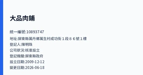 大品肉鋪的照片-統編 10893747(屏東縣) 公司登記資料與營業項目詳細圖表