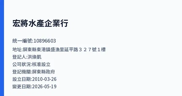 宏將水產企業行的照片-統編 10896603(屏東縣) 公司登記資料與營業項目詳細圖表