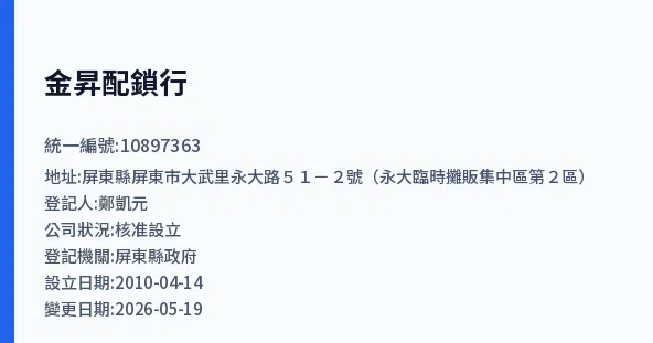 金昇配鎖行的照片-統編 10897363(屏東縣) 公司登記資料與營業項目詳細圖表