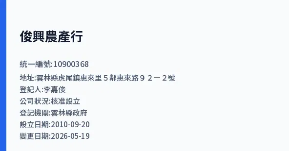 俊興農產行的照片-統編 10900368(雲林縣) 公司登記資料與營業項目詳細圖表