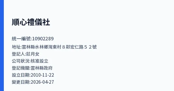 順心禮儀社的照片-統編 10902289(雲林縣) 公司登記資料與營業項目詳細圖表