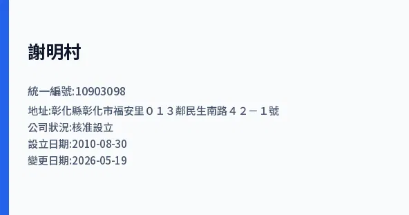 謝明村的照片-統編 10903098(彰化縣) 公司登記資料與營業項目詳細圖表