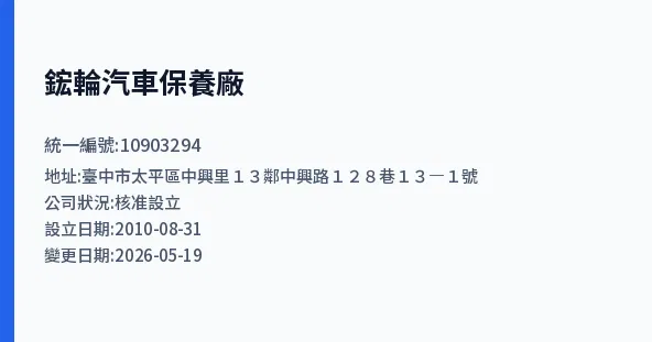 鋐輪汽車保養廠的照片-統編 10903294(臺中市) 公司登記資料與營業項目詳細圖表