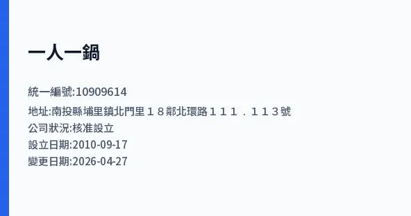 一人一鍋的照片-統編 10909614(南投縣) 公司登記資料與營業項目詳細圖表