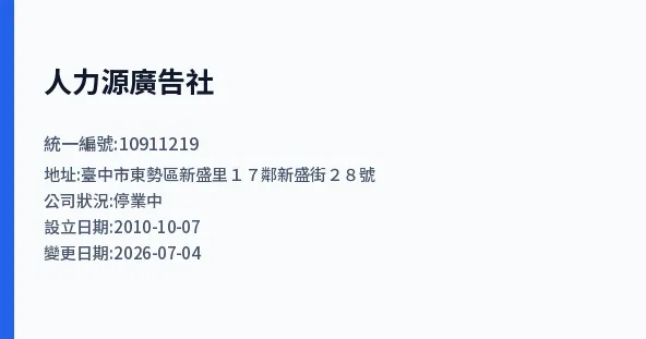 人力源廣告社的照片-統編 10911219(臺中市) 公司登記資料與營業項目詳細圖表