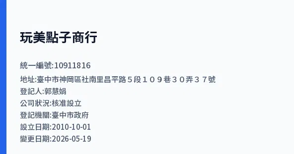 玩美點子商行的照片-統編 10911816(臺中市) 公司登記資料與營業項目詳細圖表