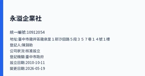 永溢企業社的照片-統編 10912054(臺中市) 公司登記資料與營業項目詳細圖表