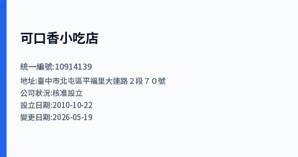 可口香小吃店的照片-統編 10914139(臺中市) 公司登記資料與營業項目詳細圖表