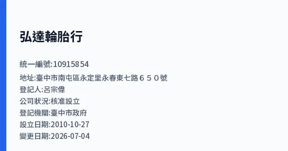 弘達輪胎行的照片-統編 10915854(臺中市) 公司登記資料與營業項目詳細圖表