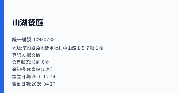 山湖餐廳的照片-統編 10920738(南投縣) 公司登記資料與營業項目詳細圖表