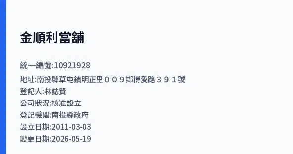 金順利當舖的照片-統編 10921928(南投縣) 公司登記資料與營業項目詳細圖表