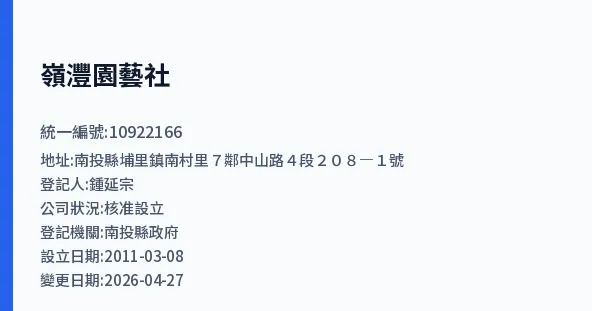 嶺灃園藝社的照片-統編 10922166(南投縣) 公司登記資料與營業項目詳細圖表