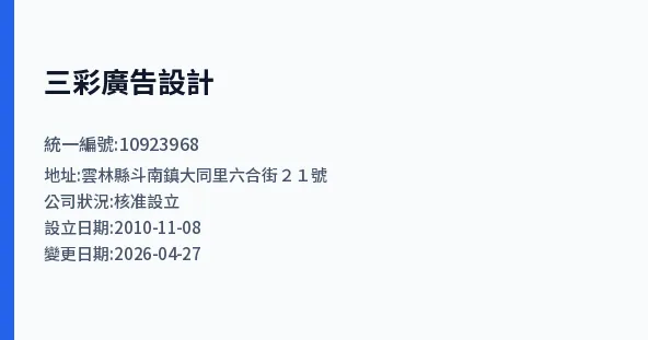三彩廣告設計的照片-統編 10923968(雲林縣) 公司登記資料與營業項目詳細圖表