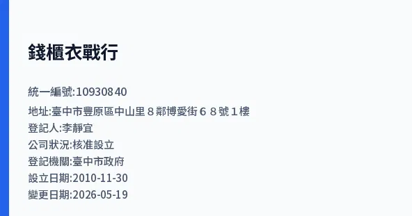 錢櫃衣戰行的照片-統編 10930840(臺中市) 公司登記資料與營業項目詳細圖表