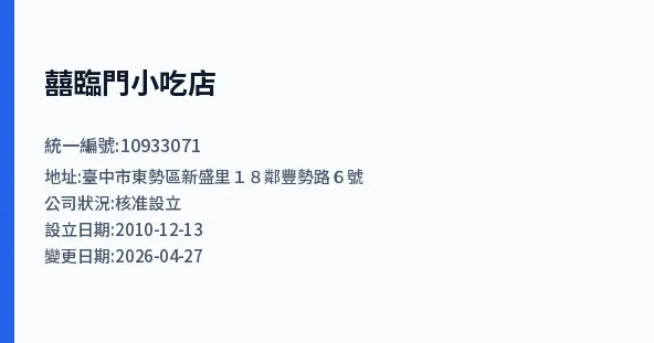 囍臨門小吃店的照片-統編 10933071(臺中市) 公司登記資料與營業項目詳細圖表