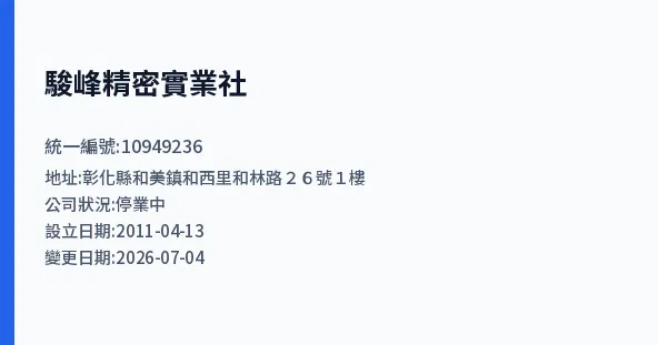 駿峰精密實業社的照片-統編 10949236(彰化縣) 公司登記資料與營業項目詳細圖表