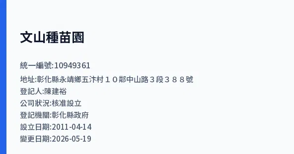 文山種苗園的照片-統編 10949361(彰化縣) 公司登記資料與營業項目詳細圖表
