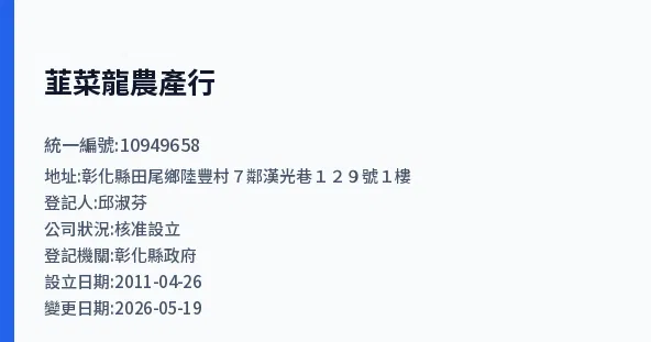 韮菜龍農產行的照片-統編 10949658(彰化縣) 公司登記資料與營業項目詳細圖表