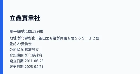 立鑫實業社的照片-統編 10952999(彰化縣) 公司登記資料與營業項目詳細圖表