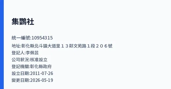 集鸚社的照片-統編 10954315(彰化縣) 公司登記資料與營業項目詳細圖表