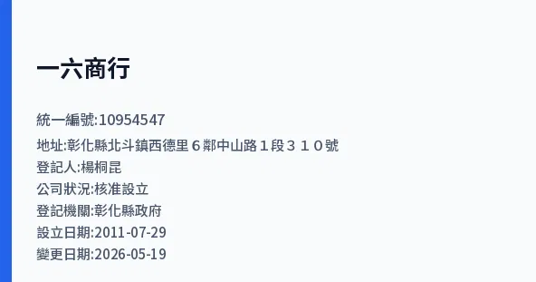 一六商行的照片-統編 10954547(彰化縣) 公司登記資料與營業項目詳細圖表