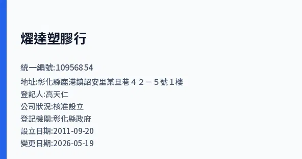 燿達塑膠行的照片-統編 10956854(彰化縣) 公司登記資料與營業項目詳細圖表