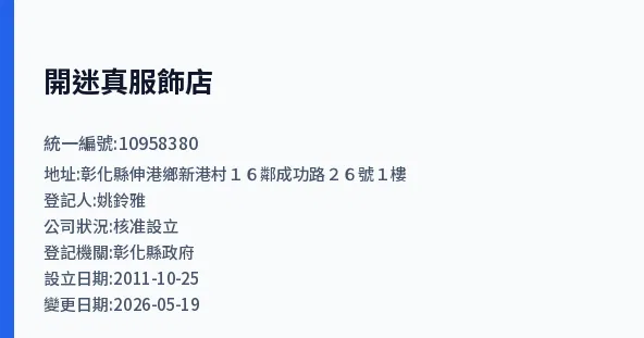 開迷真服飾店的照片-統編 10958380(彰化縣) 公司登記資料與營業項目詳細圖表