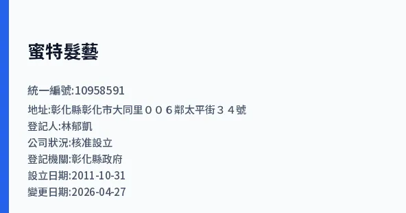 蜜特髮藝的照片-統編 10958591(彰化縣) 公司登記資料與營業項目詳細圖表