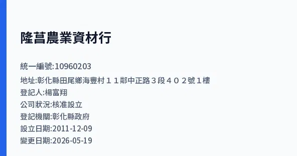 隆菖農業資材行的照片-統編 10960203(彰化縣) 公司登記資料與營業項目詳細圖表