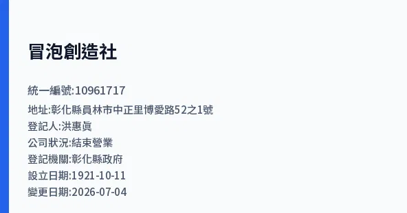 冒泡創造社的照片-統編 10961717(彰化縣) 公司登記資料與營業項目詳細圖表