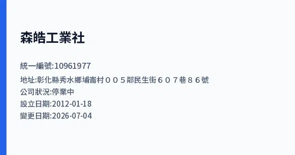 森皓工業社的照片-統編 10961977(彰化縣) 公司登記資料與營業項目詳細圖表