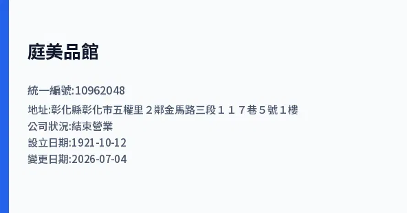 庭美品館的照片-統編 10962048(彰化縣) 公司登記資料與營業項目詳細圖表