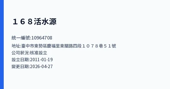 168活水源的照片-統編 10964708(臺中市) 公司登記資料與營業項目詳細圖表