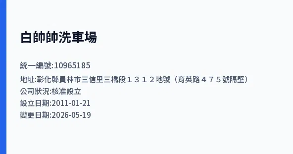 白帥帥洗車場的照片-統編 10965185(彰化縣) 公司登記資料與營業項目詳細圖表