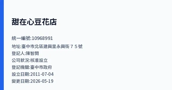 甜在心豆花店的照片-統編 10968991(臺中市) 公司登記資料與營業項目詳細圖表