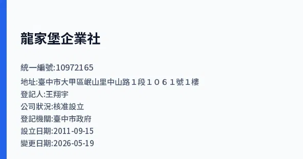 龍家堡企業社的照片-統編 10972165(臺中市) 公司登記資料與營業項目詳細圖表