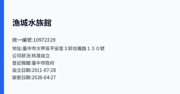 漁城水族館的照片-統編 10972329(臺中市) 公司登記資料與營業項目詳細圖表