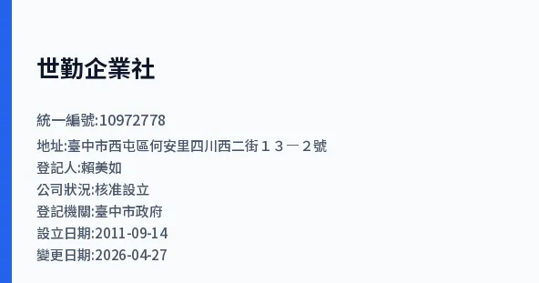 世勤企業社的照片-統編 10972778(臺中市) 公司登記資料與營業項目詳細圖表