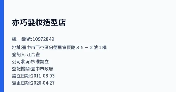 亦巧髮妝造型店的照片-統編 10972849(臺中市) 公司登記資料與營業項目詳細圖表