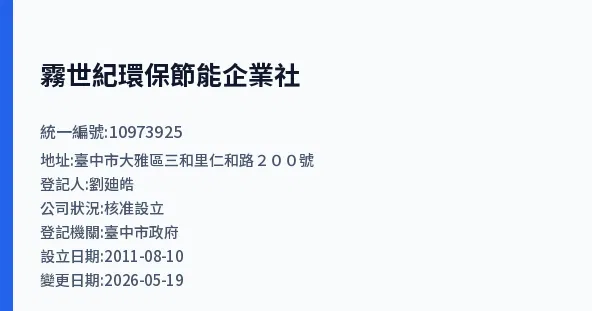 霧世紀環保節能企業社的照片-統編 10973925(臺中市) 公司登記資料與營業項目詳細圖表