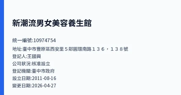 新潮流男女美容養生館的照片-統編 10974754(臺中市) 公司登記資料與營業項目詳細圖表