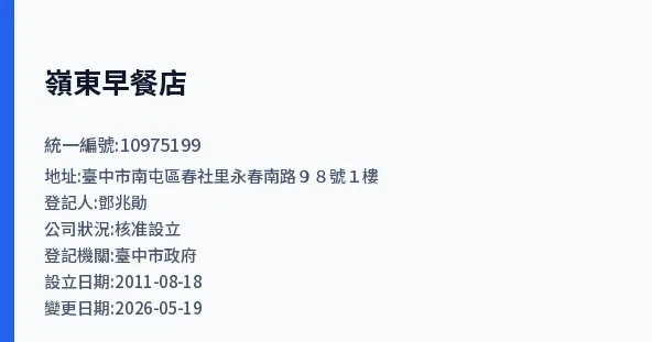 嶺東早餐店的照片-統編 10975199(臺中市) 公司登記資料與營業項目詳細圖表