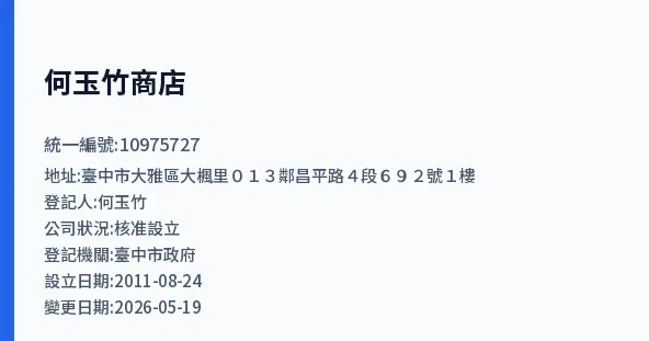 何玉竹商店的照片-統編 10975727(臺中市) 公司登記資料與營業項目詳細圖表