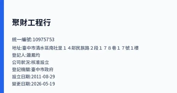 聚財工程行的照片-統編 10975753(臺中市) 公司登記資料與營業項目詳細圖表