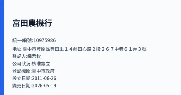 富田農機行的照片-統編 10975986(臺中市) 公司登記資料與營業項目詳細圖表