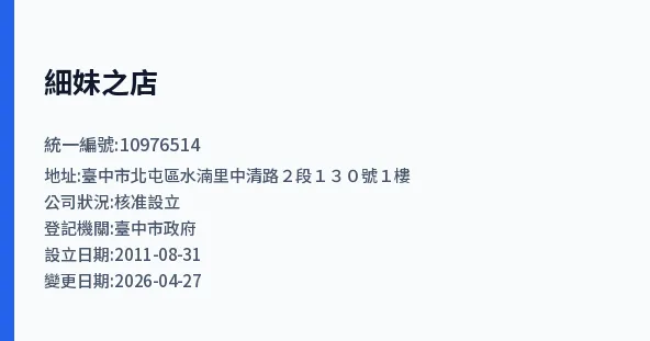 細妹之店的照片-統編 10976514(臺中市) 公司登記資料與營業項目詳細圖表