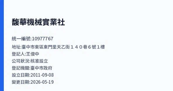 馥華機械實業社的照片-統編 10977767(臺中市) 公司登記資料與營業項目詳細圖表