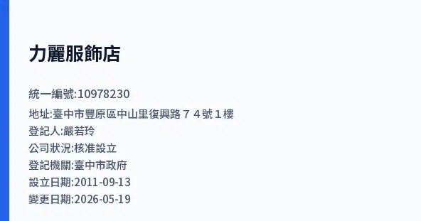 力麗服飾店的照片-統編 10978230(臺中市) 公司登記資料與營業項目詳細圖表